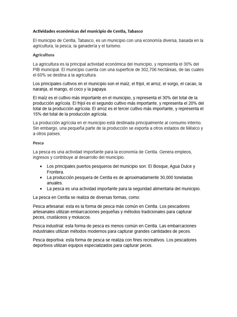 Actividades Económicas Del Municipio de Centla, Tabasco | PDF | Agricultura | Comida y bebida