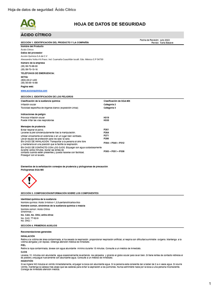 Acido Citrico Hoja de Seguridad | PDF | Agua | Residuos