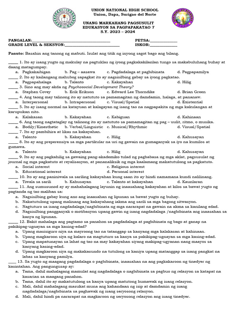 Esp 1st Quarter Exam Pdf