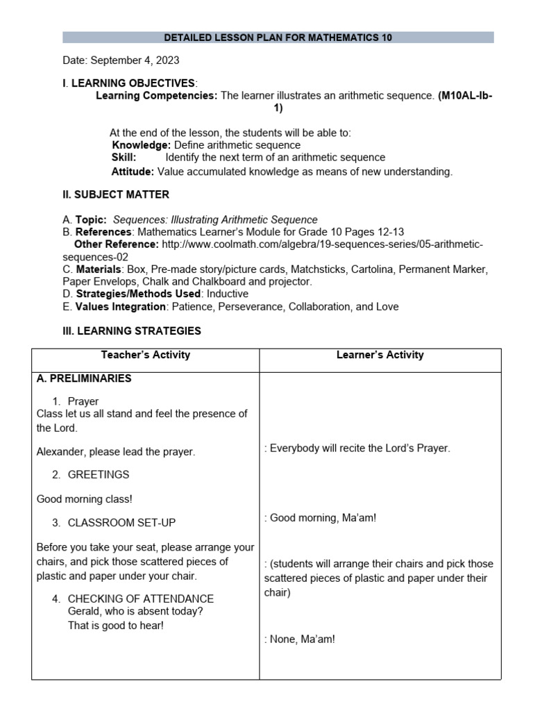 Arithmetic Sequence Lesson Plan | Download Free PDF | Learning | Lesson ... Arithmetic Sequence Lesson Plan | Download Free PDF | Learning | Lesson ...