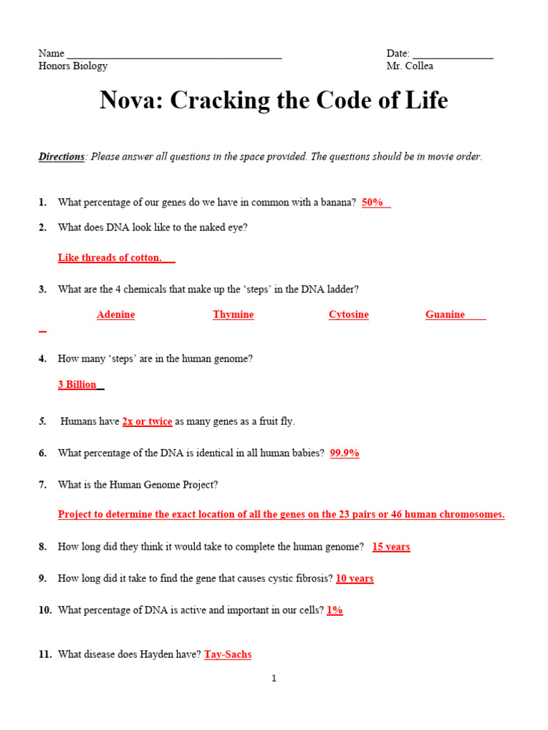 Cracking The Code of Life - Answers | PDF | Gene | Human Genome