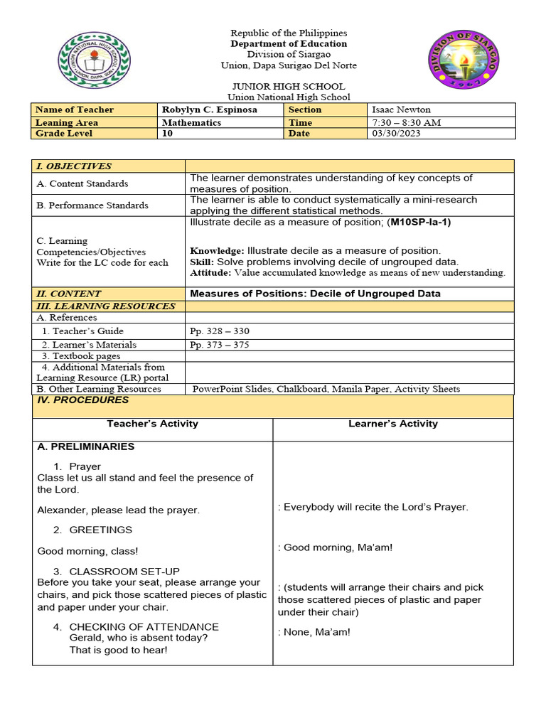Decile Calculation Lesson Plan | PDF | Quantile | Behavior Modification