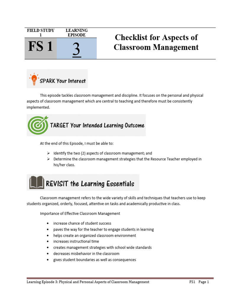 Fs 1 L.e3 | PDF | Classroom Management | Teachers