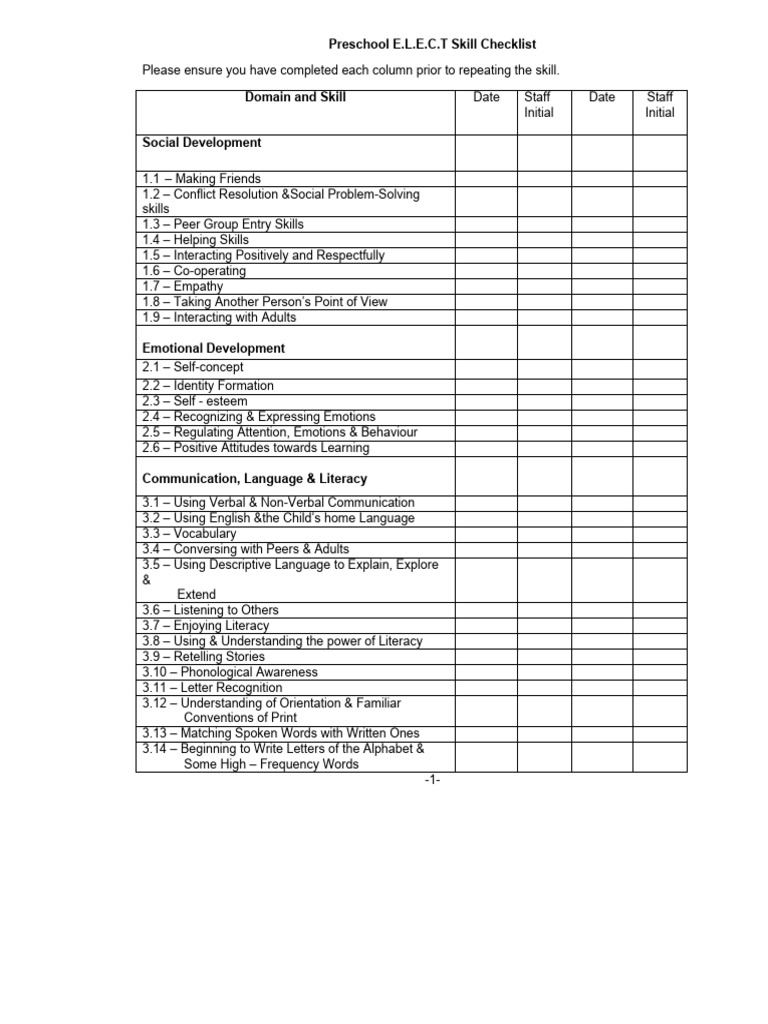 Preschool ELECT Checklist 1 1 2 | PDF | Communication | Behavior Modification