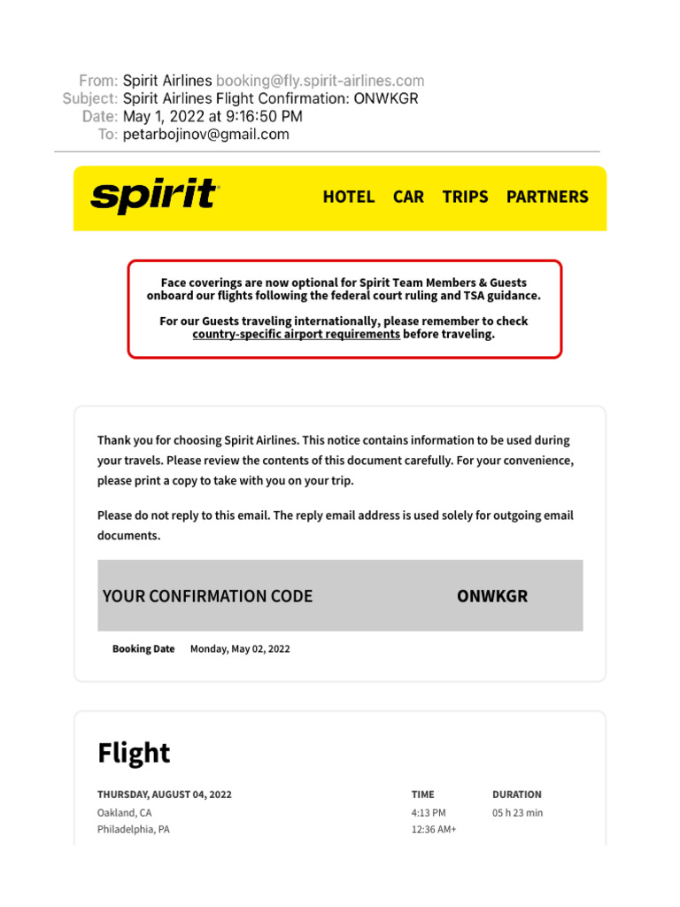 Spirit Airlines Flight Confirmation ONWKGR | PDF
