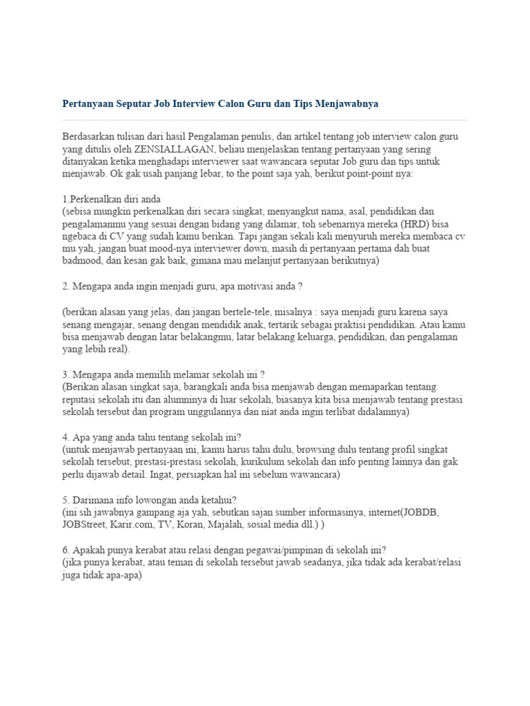 Pertanyaan Seputar Job Interview Calon Guru Dan Tips Menjawabnya | PDF | Pengembangan Diri