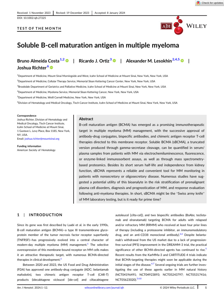 American J Hematol - 2024 - Costa - Soluble B Cell Maturation Antigen ...