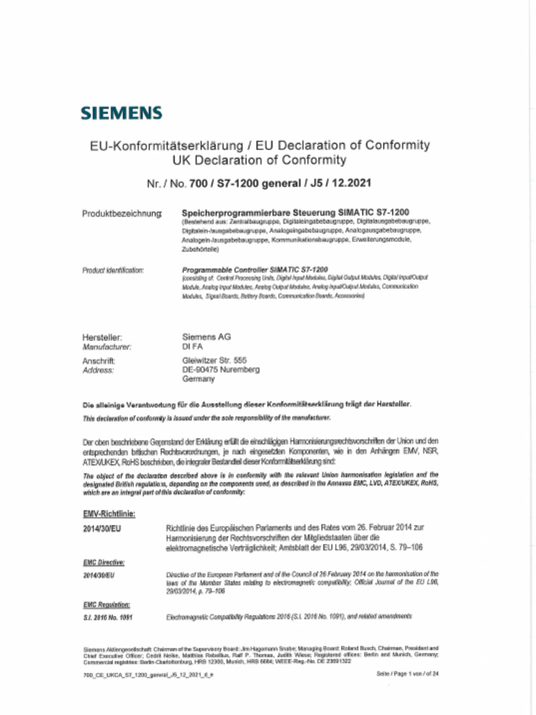Ce Declaration Simatic S7-1200 | PDF