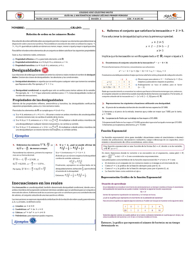 Guía de Matemáticas: Funciones Reales 10° | PDF | Funciones y mapeos | Números