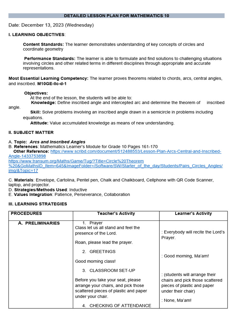 Inscribed Angles Lesson Plan 2ND Co | PDF | Angle | Circle