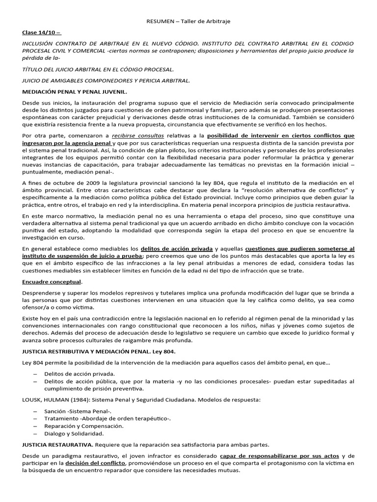 RESUMEN - Taller de Arbitraje | PDF | Arbitraje | Mediación