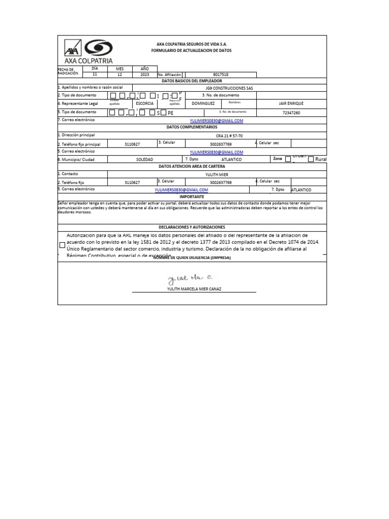 Formato Actualizacion Datos Excel - Axa Colpatria | PDF