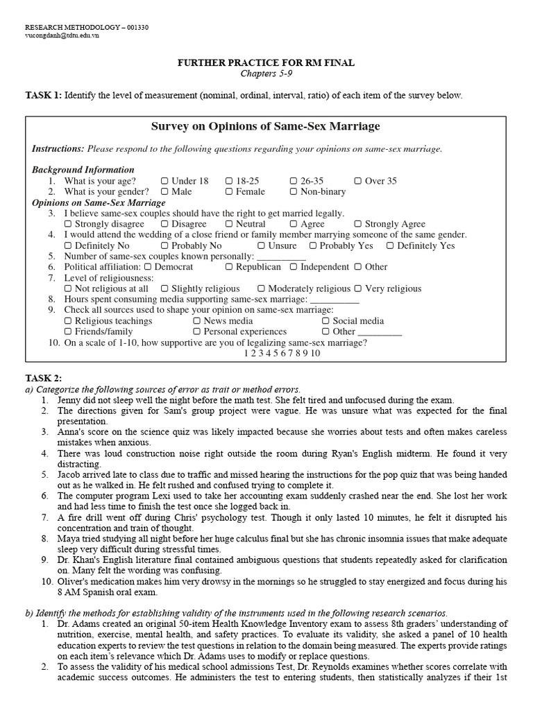 Further Practice For RM Final Chapter 5 9 Student Handout | PDF | Validity (Statistics) | Cognition