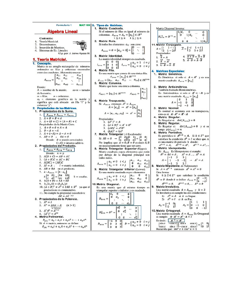 Formulario Sistemas Matrices Determinantes | PDF