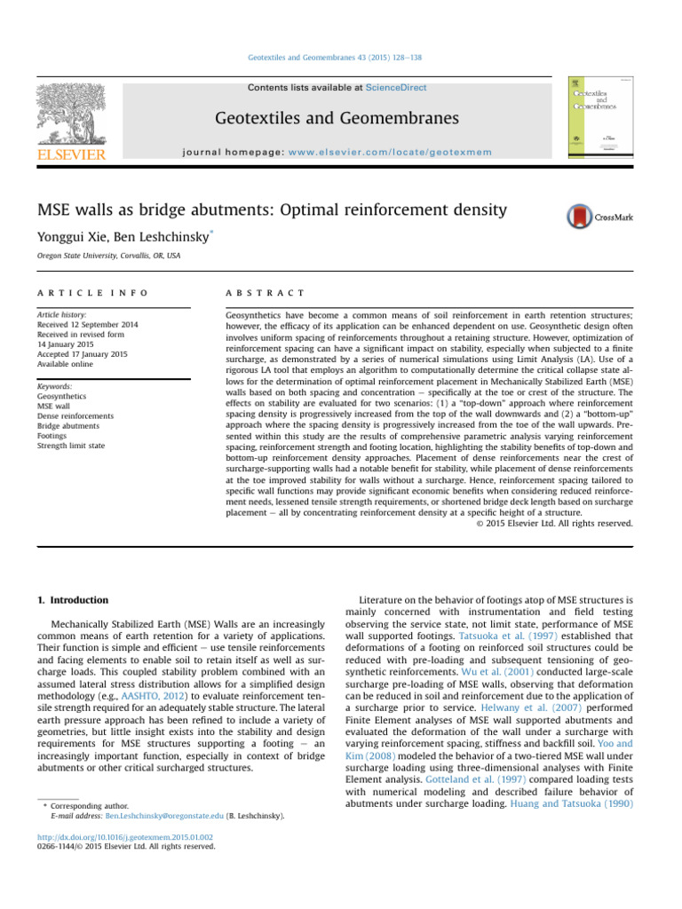 2015 Mse Walls As Bridge Abutments Optimal Reinforcement Density