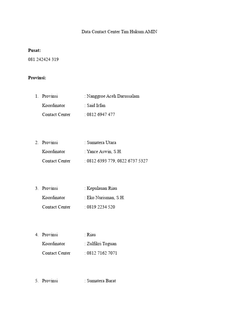 Kontak Tim Hukum AMIN per Provinsi | PDF