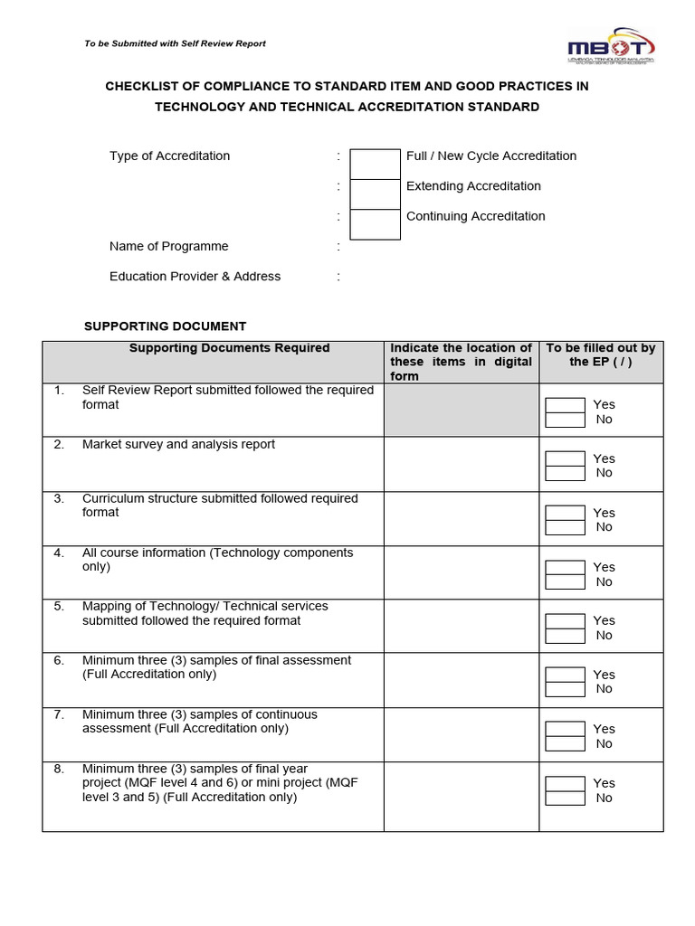 Checklist of Compliance To Standard Item and Good Practices in ...