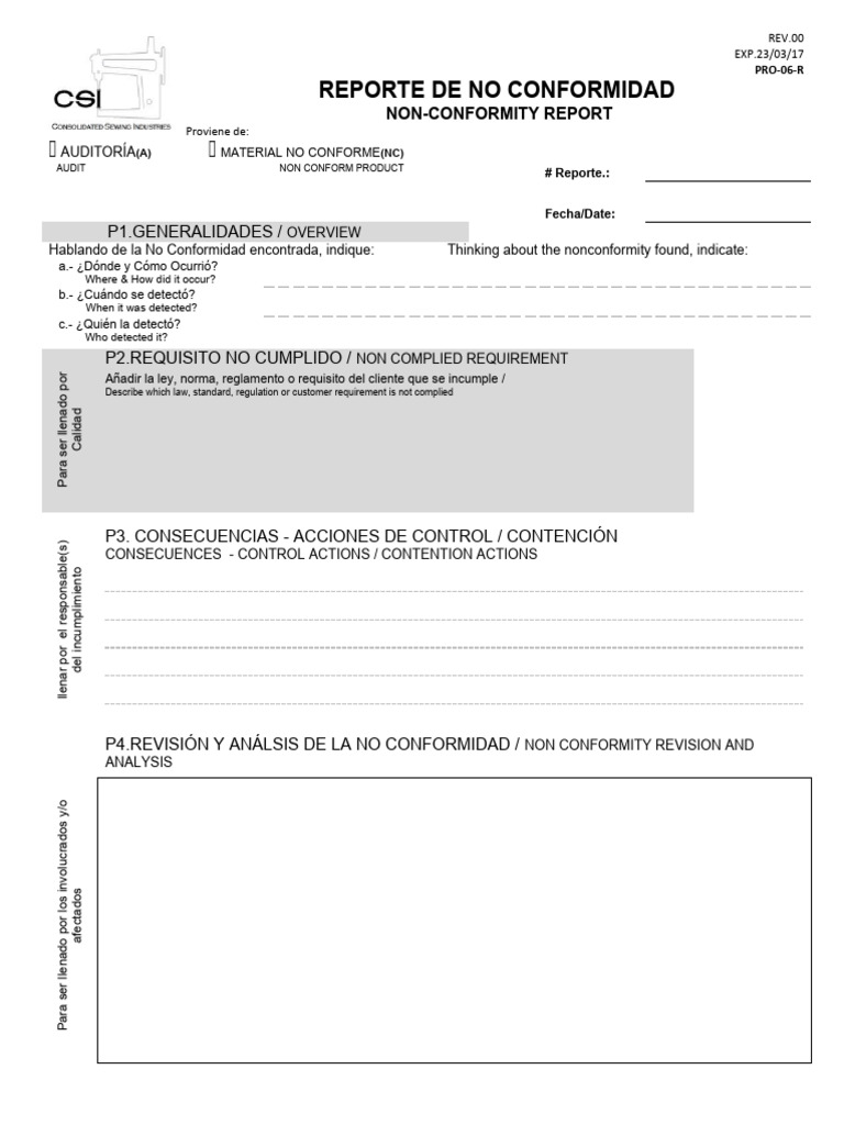PRO-06-R Reporte de No Conformidad | PDF
