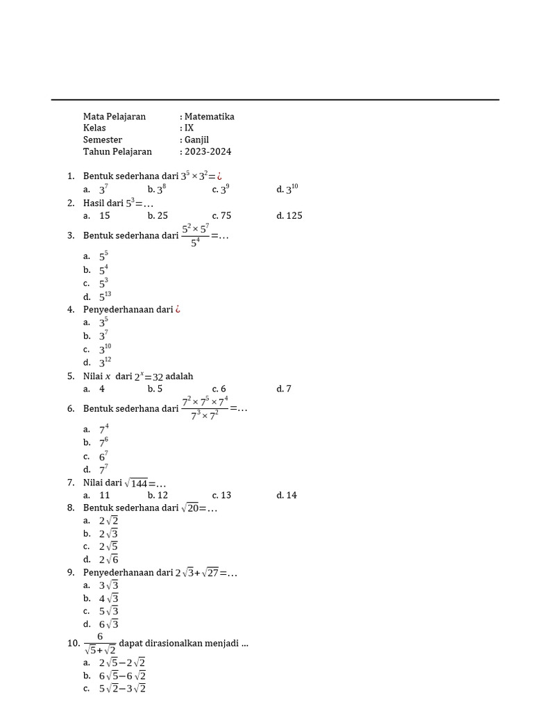 Matematika IX Soal SAS Ganjil | PDF