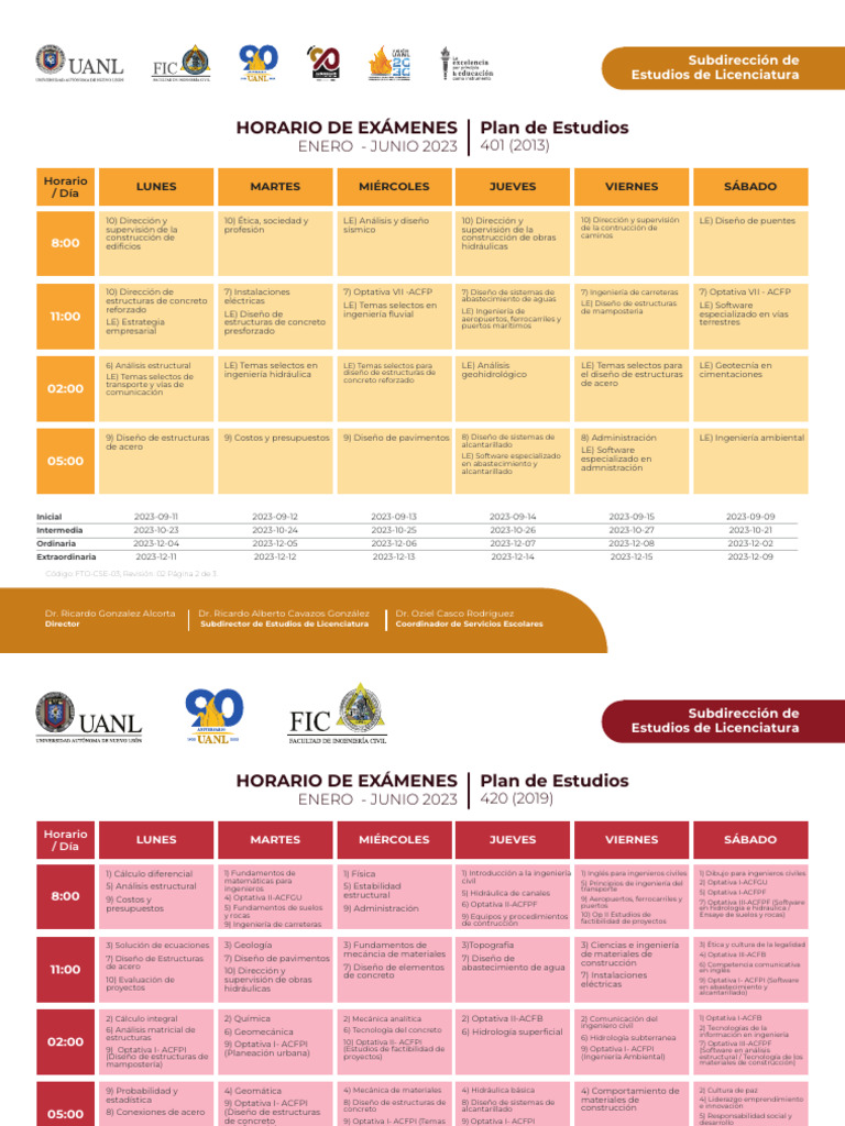 Horario de Examenes 2023 1 1 | PDF | Ingeniería | Hormigón