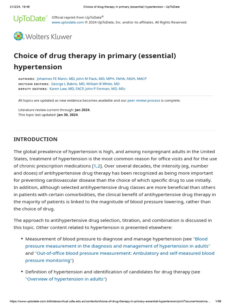 Choice of Drug Therapy in Primary (Essential) Hypertension - UpToDate | PDF | Hypertension ...
