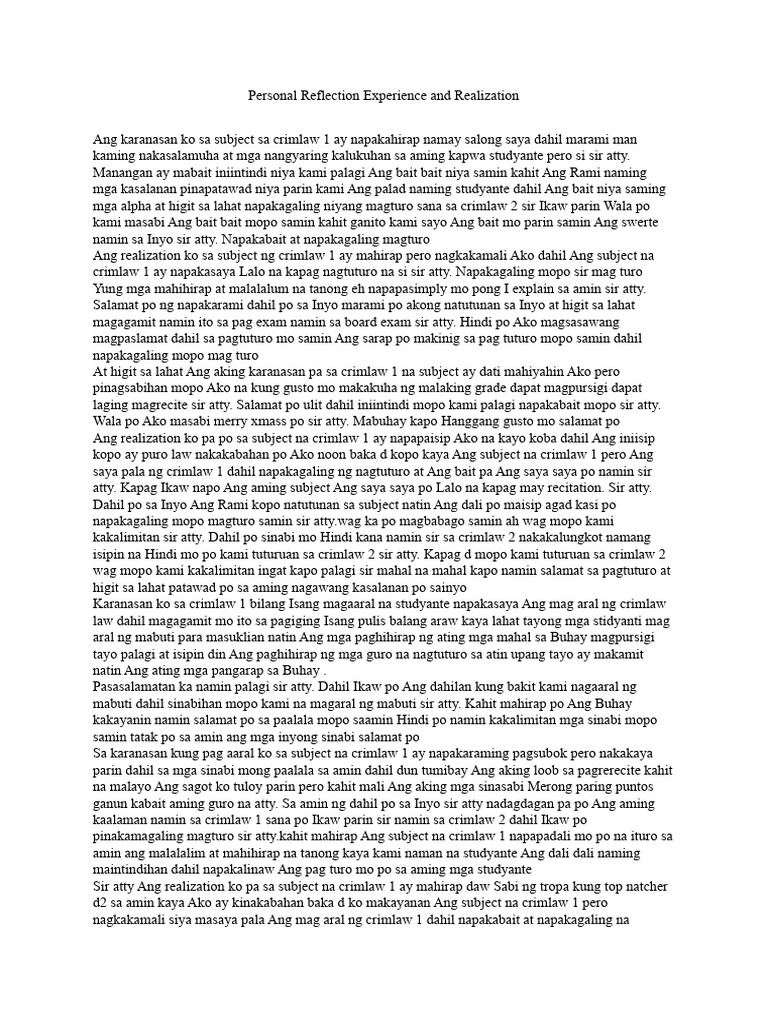 Personal Reflection Experience and Realization | PDF