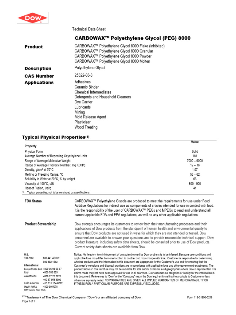118 01806 01 Carbowax Polyethylene Glycol Peg 8000 Tds | PDF ...