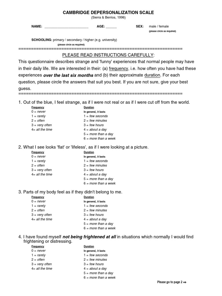 Cambridge Depersonalization Scale Plus Scoring Page | PDF | Experience ...