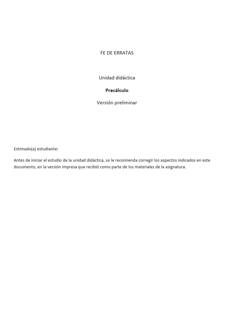 Fe de Erratas Unidad Didáctica Precálculo | PDF