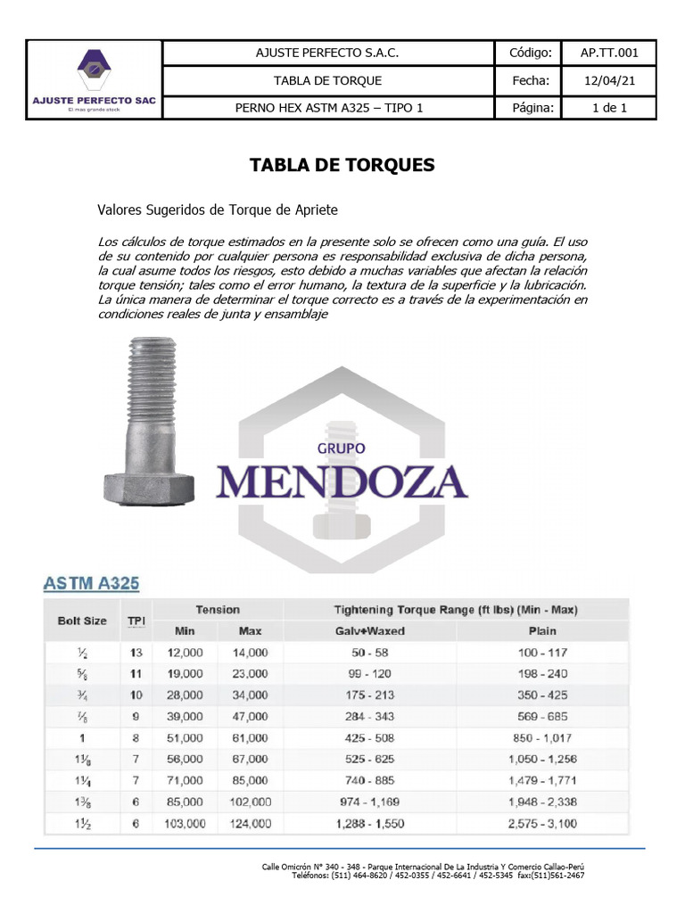 Tabla de Torques Perno Hex Astm A325 | PDF