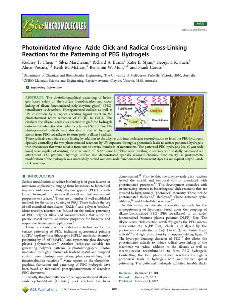 2012 Photoinitiated Alkyne Azide Click and Radical Cross Linking Reactions For The Patterning of ...