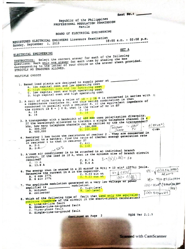 Ee 2019 Board Exam Sept (Answers) | PDF