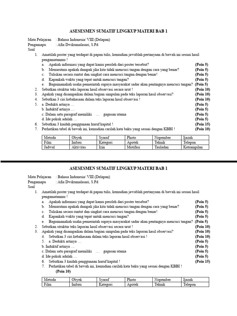 Kelas 8 Asesmen Sumatif Bab 1 | PDF