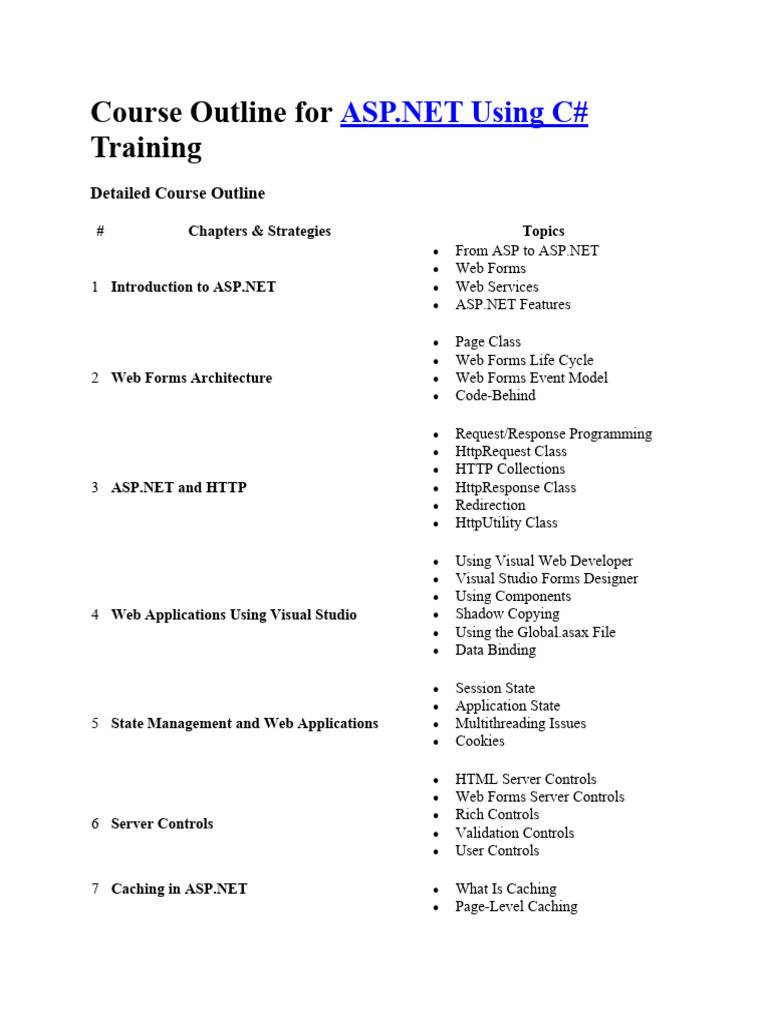 Course Outline For ASPNet | PDF | Active Server Pages | World Wide Web Course Outline For ASPNet | PDF | Active Server Pages | World Wide Web