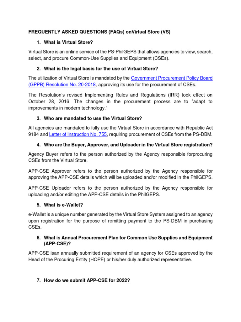 VIRTUAL STORE FREQUENTLY ASKED QUESTIONS (FAQs) | PDF | Procurement | Service Industries