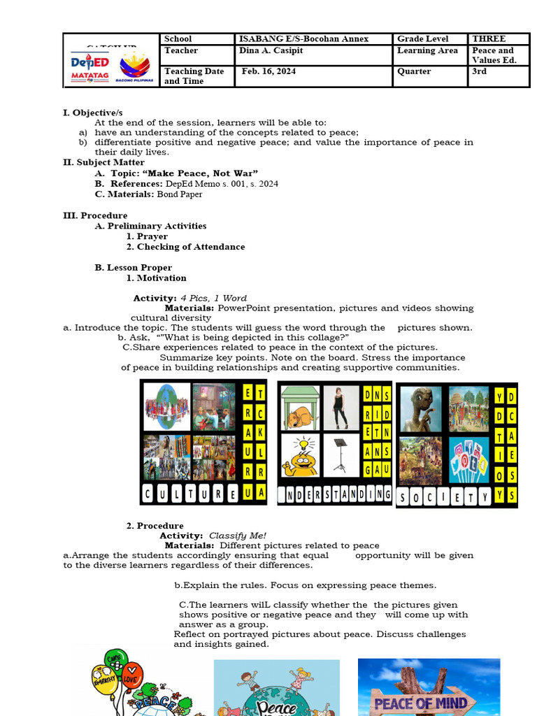 CATCH UP DLP PEACEVALUES ED. Q3w3docx | PDF | Learning | Peace