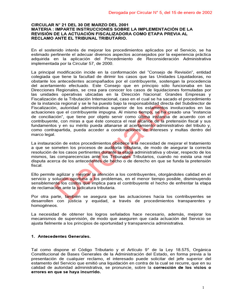 Circular N°21 de 2001 | PDF | Jurisdicción | Contribuyente