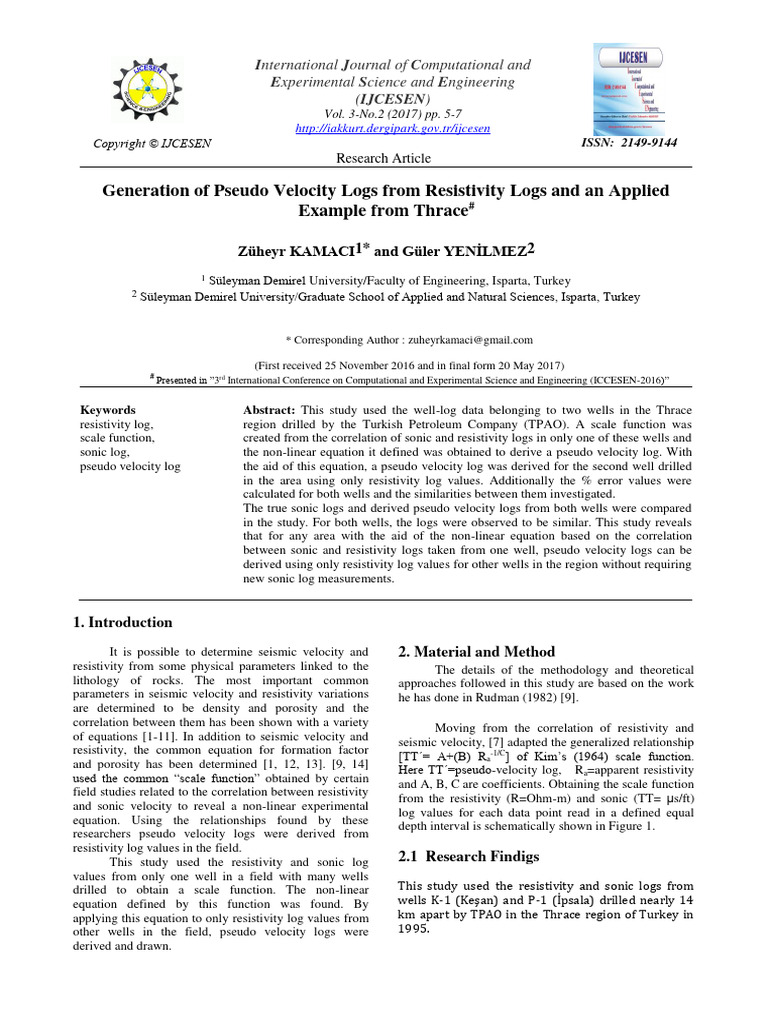 Generation of Pseudo Velocity Logs From Resistivity Logs and An Applied Example From Thrace ...
