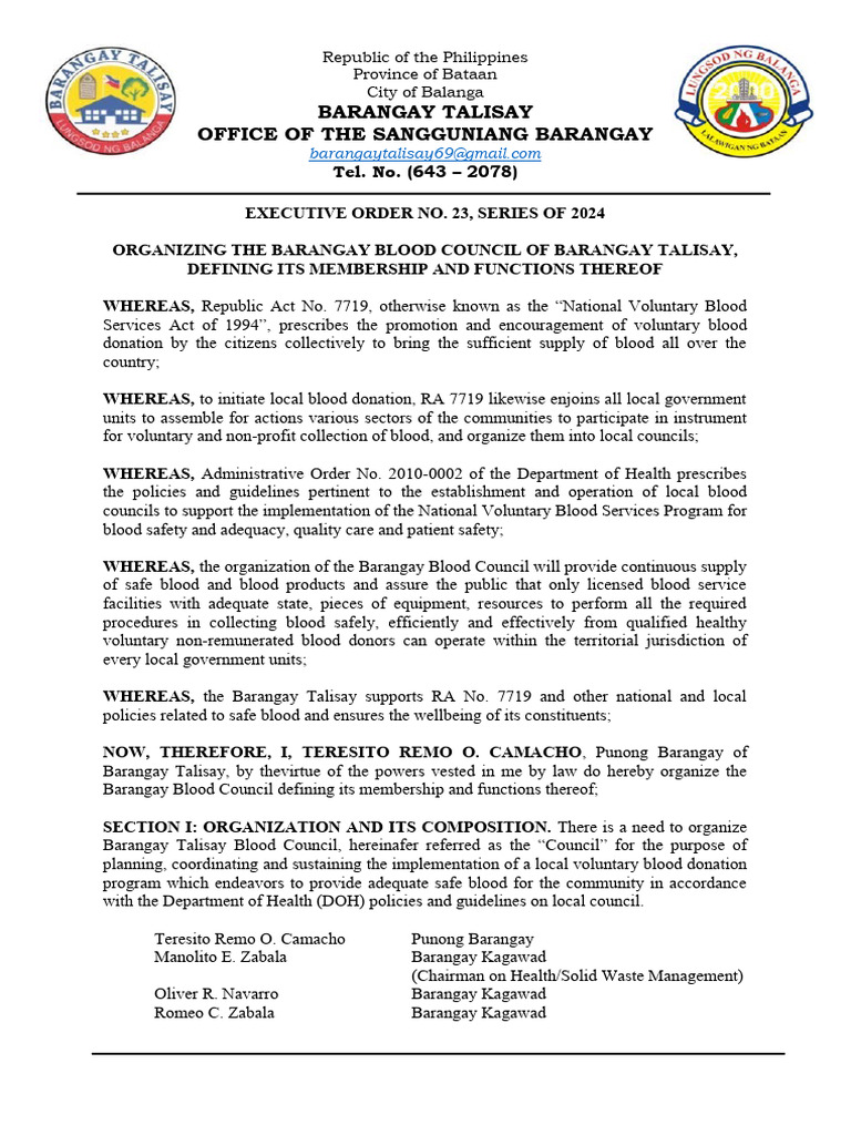 Barangay Talisay Executive Orders 2024 | PDF | Food Security | Hunger