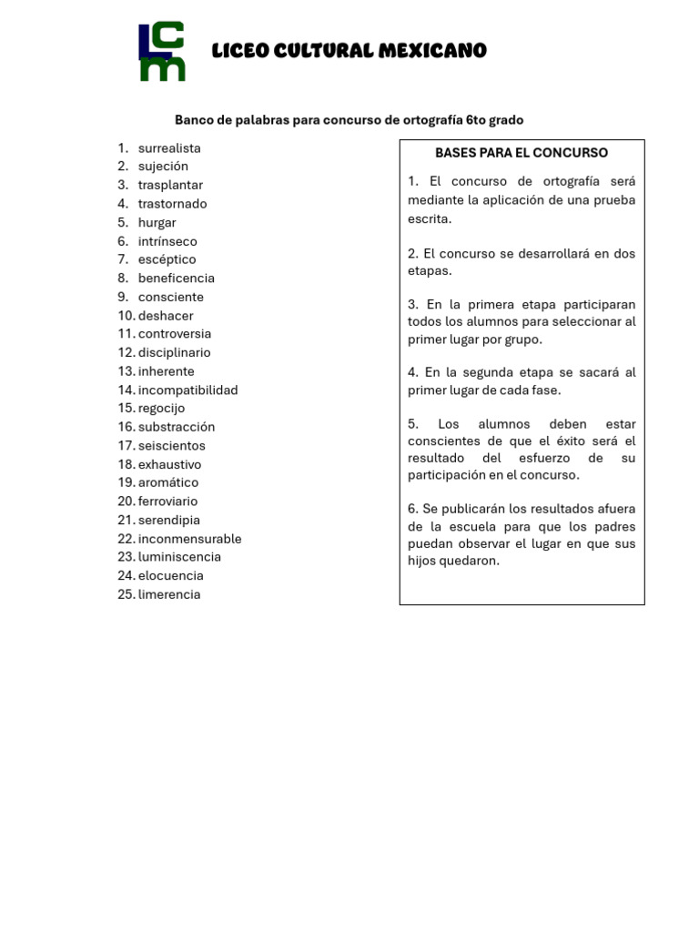 Banco de Palabras para Concurso de Ortografía 6to Grado | PDF