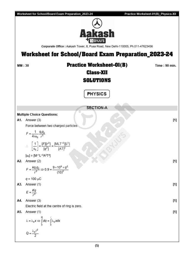 Practice WS-01 (B) - Electric Charges and Fields - Physics - XIIth ...