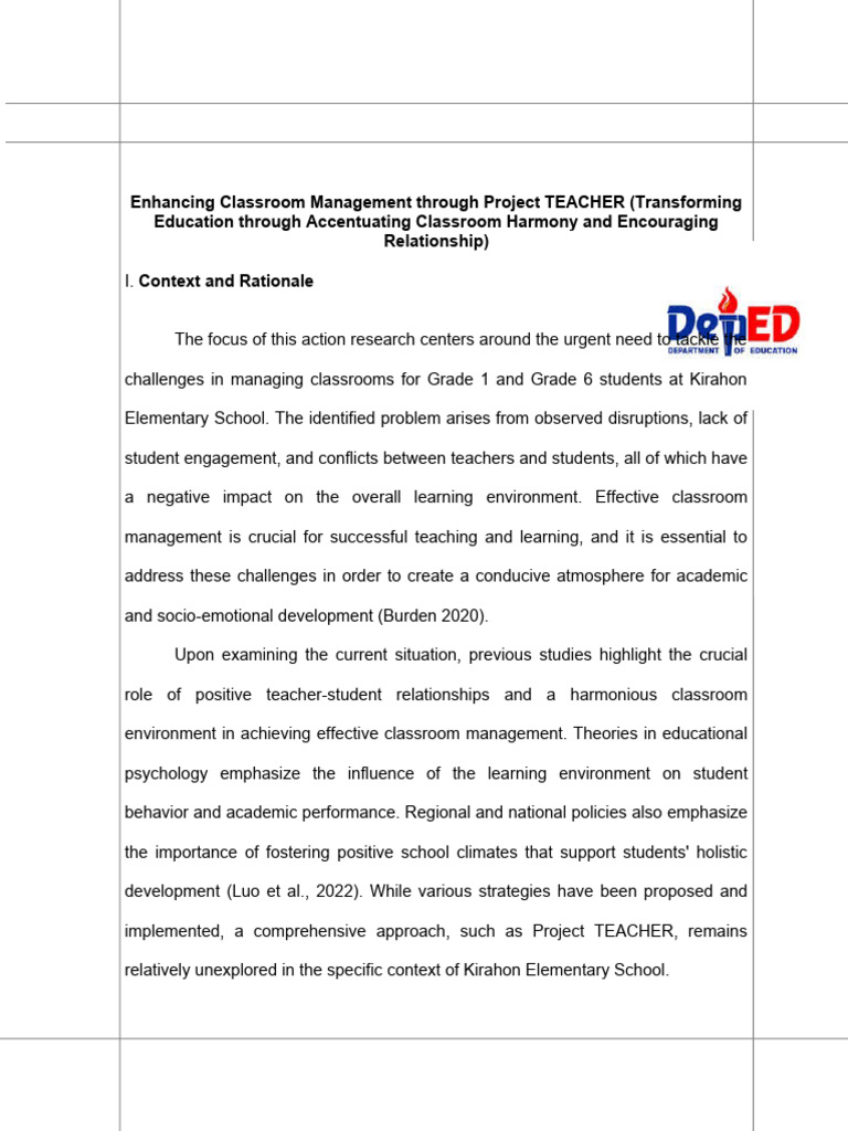 Project TEACHER: Enhancing Classroom Harmony | PDF | Classroom ...