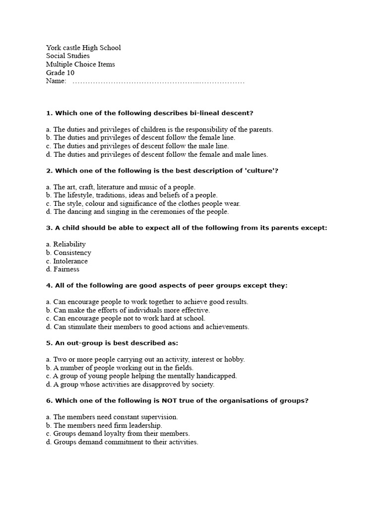 Social Studies Multiple Choice Questions | PDF | Family | Marriage