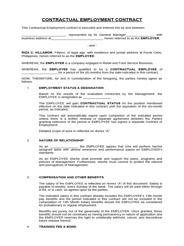 Contractual Agreement Sample | PDF | Employment | Business