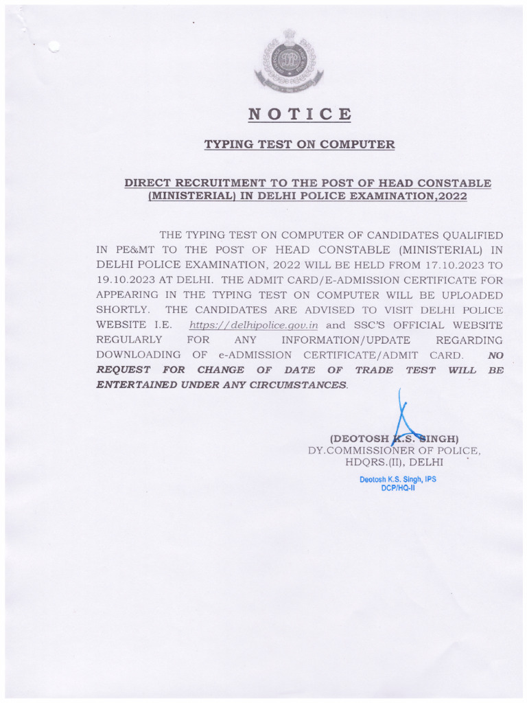 Typing Test Date SSC HC Min Posts | PDF