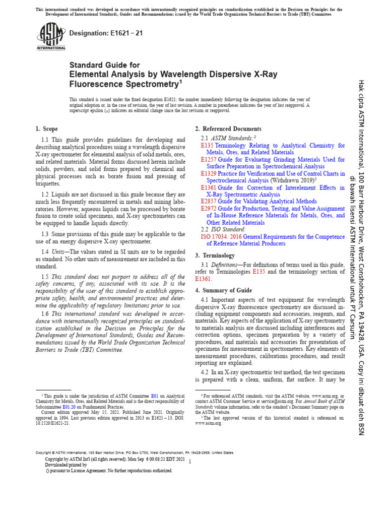 ASTM E1621-21 - Elemental Analysis Using WD XRF | Download Free PDF ...