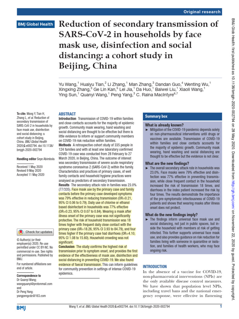 Reduction of secondary transmission of SARS-CoV- 2 in households by face mask use, disinfection ...