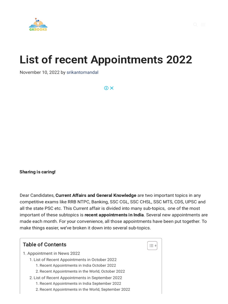 (PDF) List of Recent Appointments in India and World 2022 | PDF | Economy Of India