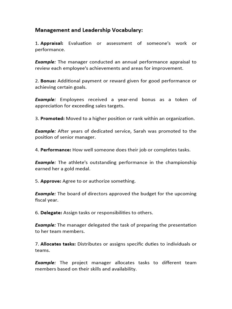 Management and Leadership Vocabulary Guide | PDF | Fluency | Leadership