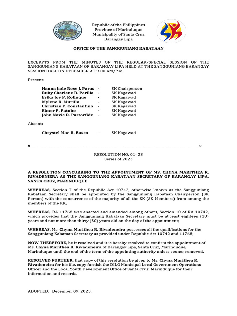 SK Resolution for Secretary Appointment | PDF | Local Government | Youth